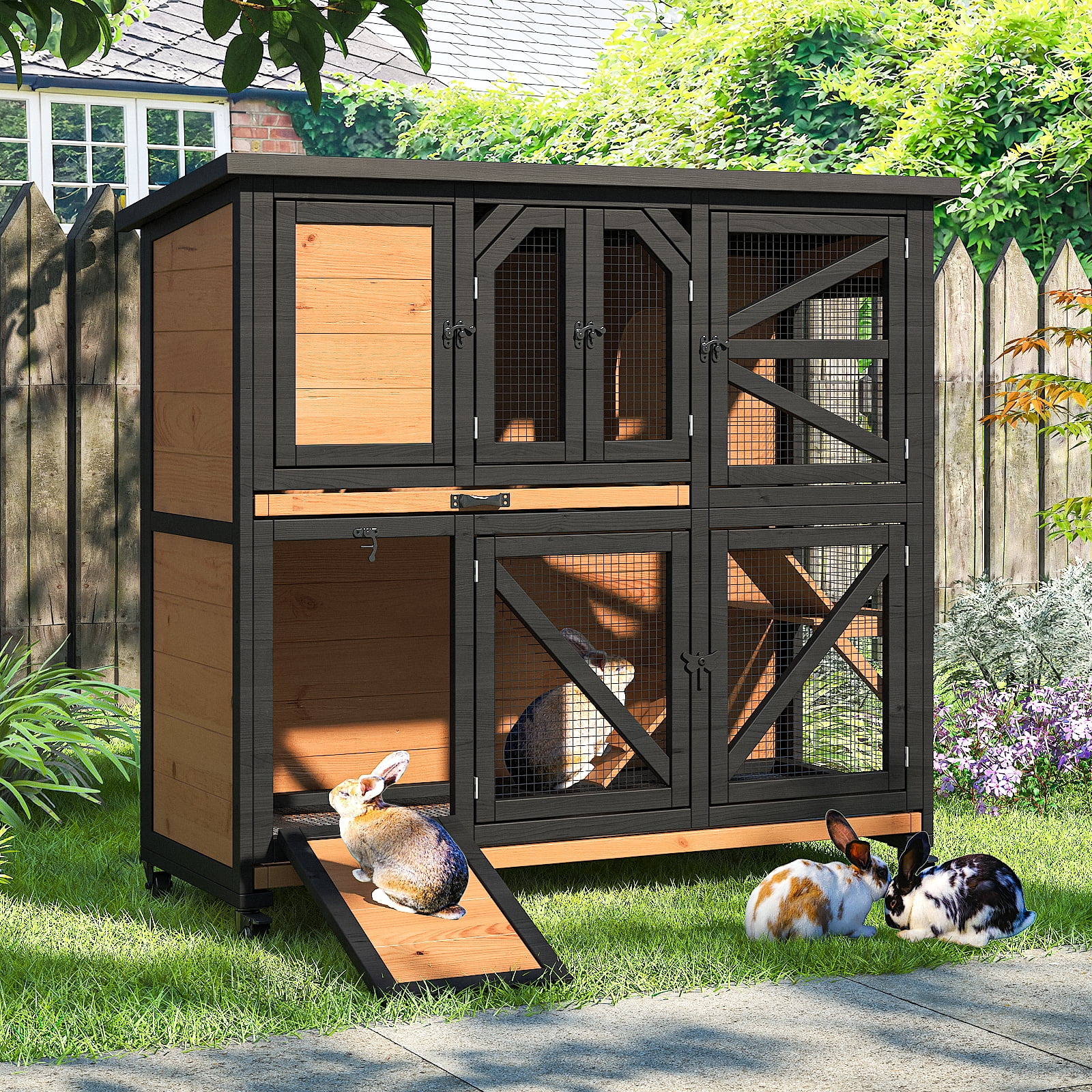 TIMHAKA 47.3" Two-Story Rabbit Cage with Wheels – Wooden Bunny Hutch ...
