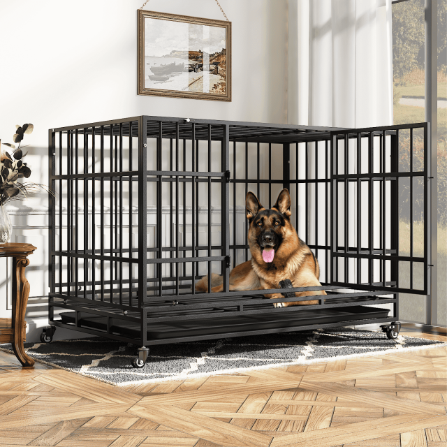 TIMHAKA 48 inch Heavy Duty Indestructible Dog Crate Cage with Double Door for Outdoor and Indoor ...