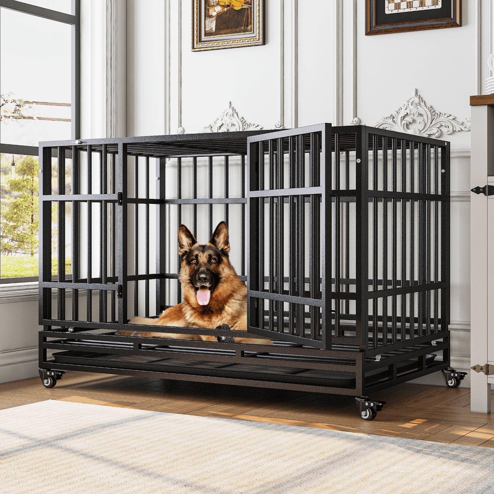 TIMHAKA 48 Inch Heavy Duty Indestructible Dog Crate w/ Double Doors Indoor Extra Large Dog Crate ...