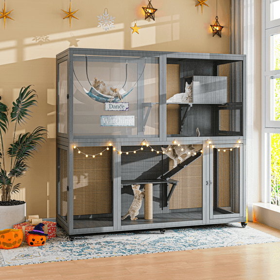 JERFIT 74" Outdoor Wooden Cat House Enclosure with Wheels, Weatherproof ...