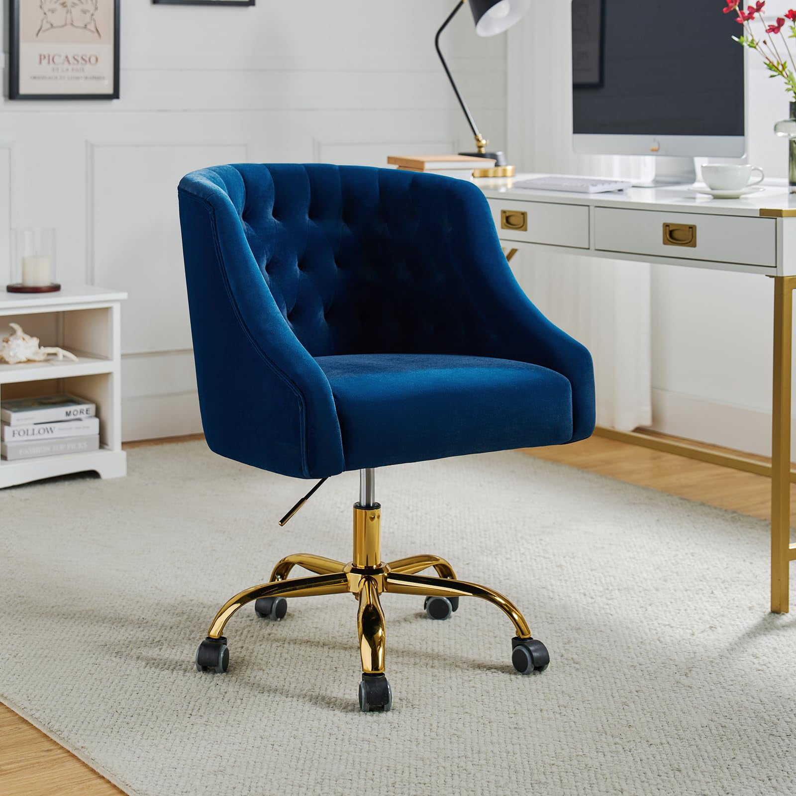 TINA'S HOME Velvet Home Office Chair with Gold Base, Comfortable Modern Cute Desk Chair ...