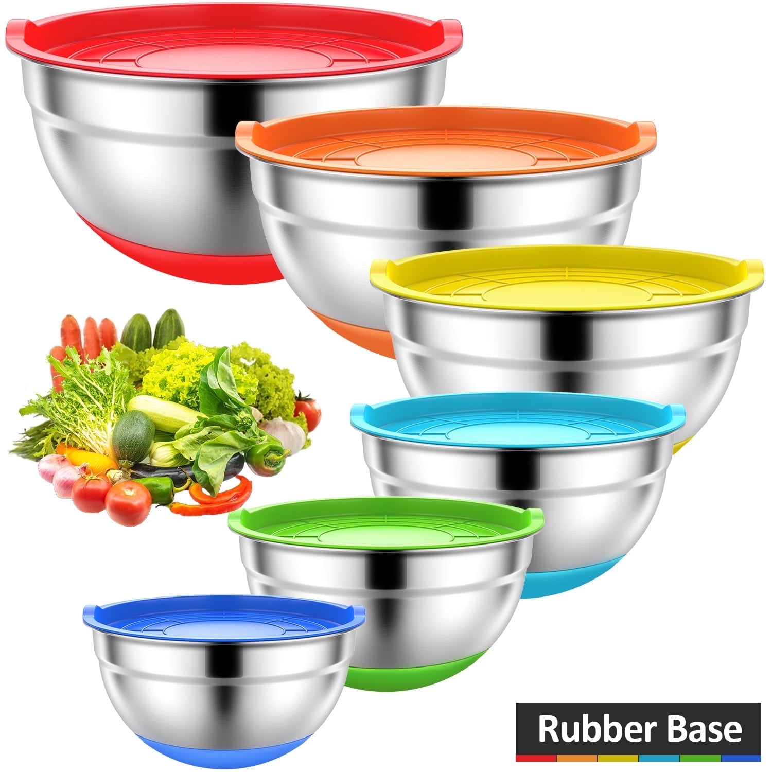 TINANA Stainless Steel Mixing Bowls with Lids, 6-Piece Set, Nesting ...
