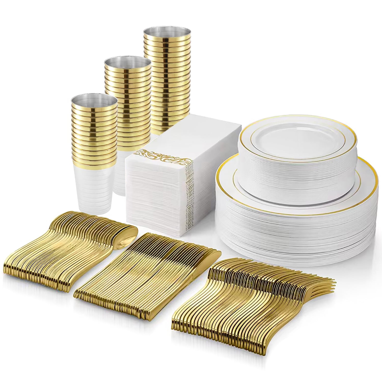 TINANA 350 Piece Party Tableware Set with Gold Rim Plates, Cutlery, and ...