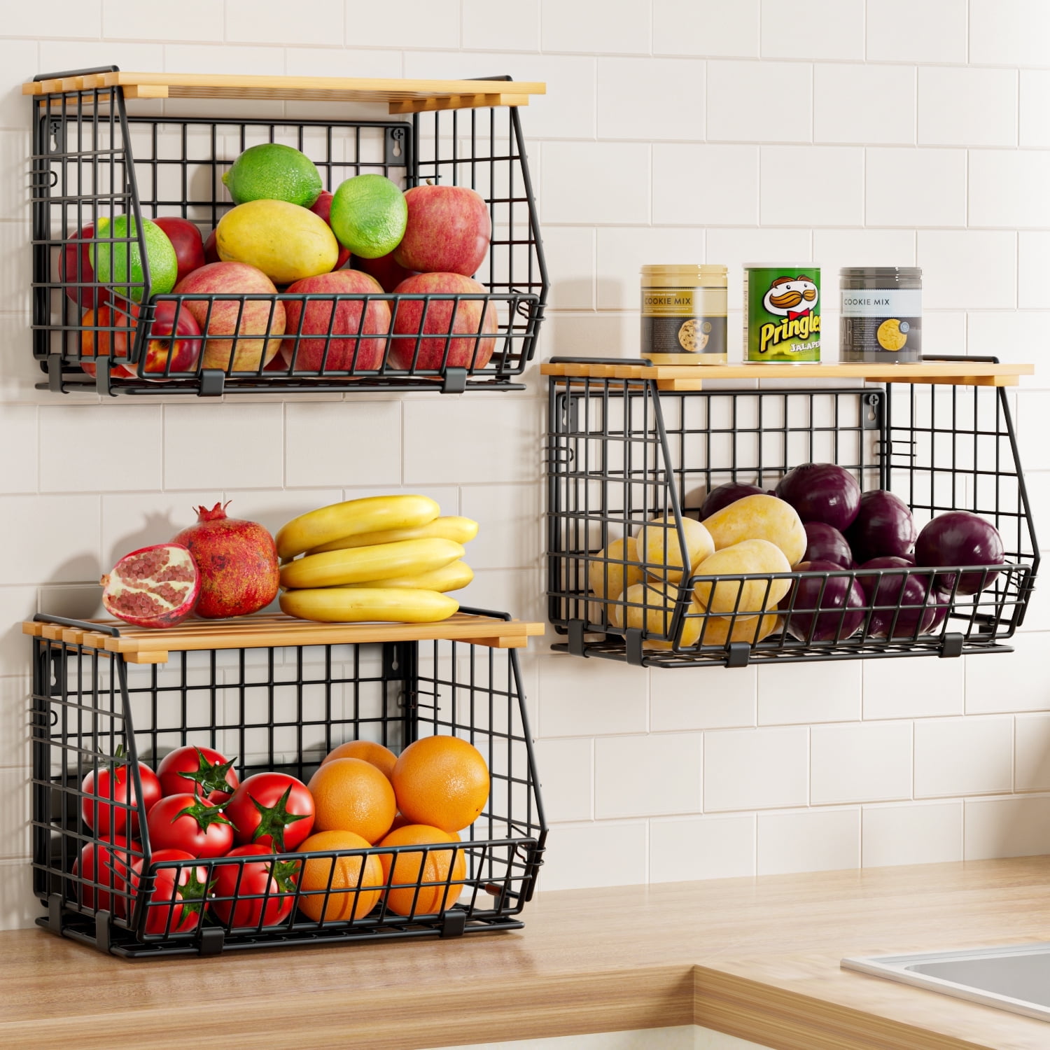 TINANA Stackable Hanging Fruit Baskets with Bamboo Lid, Set of 3, Wire ...