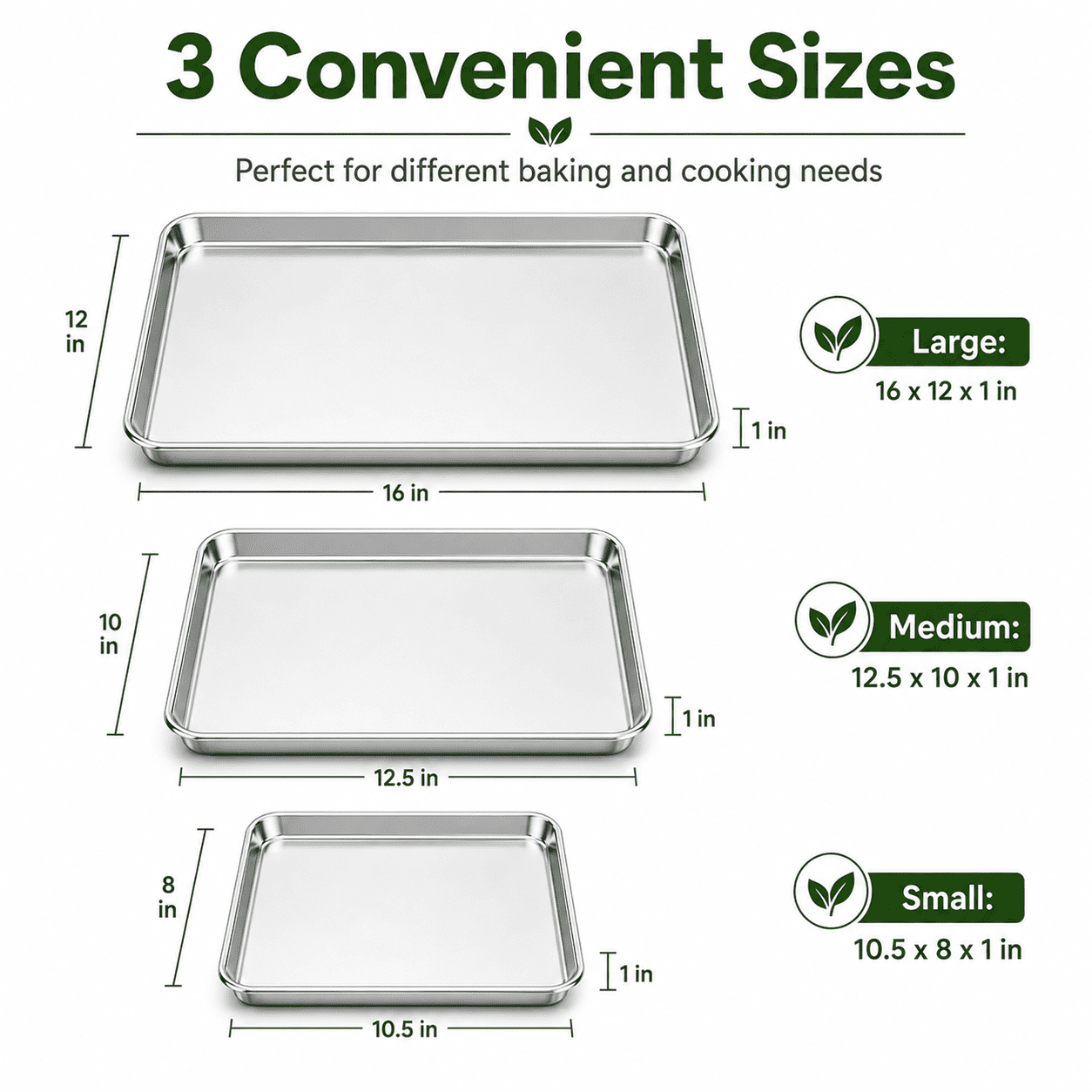 TINANA Stainless Steel Baking Sheet Set, 3-Piece Rectangular Oven Pan ...