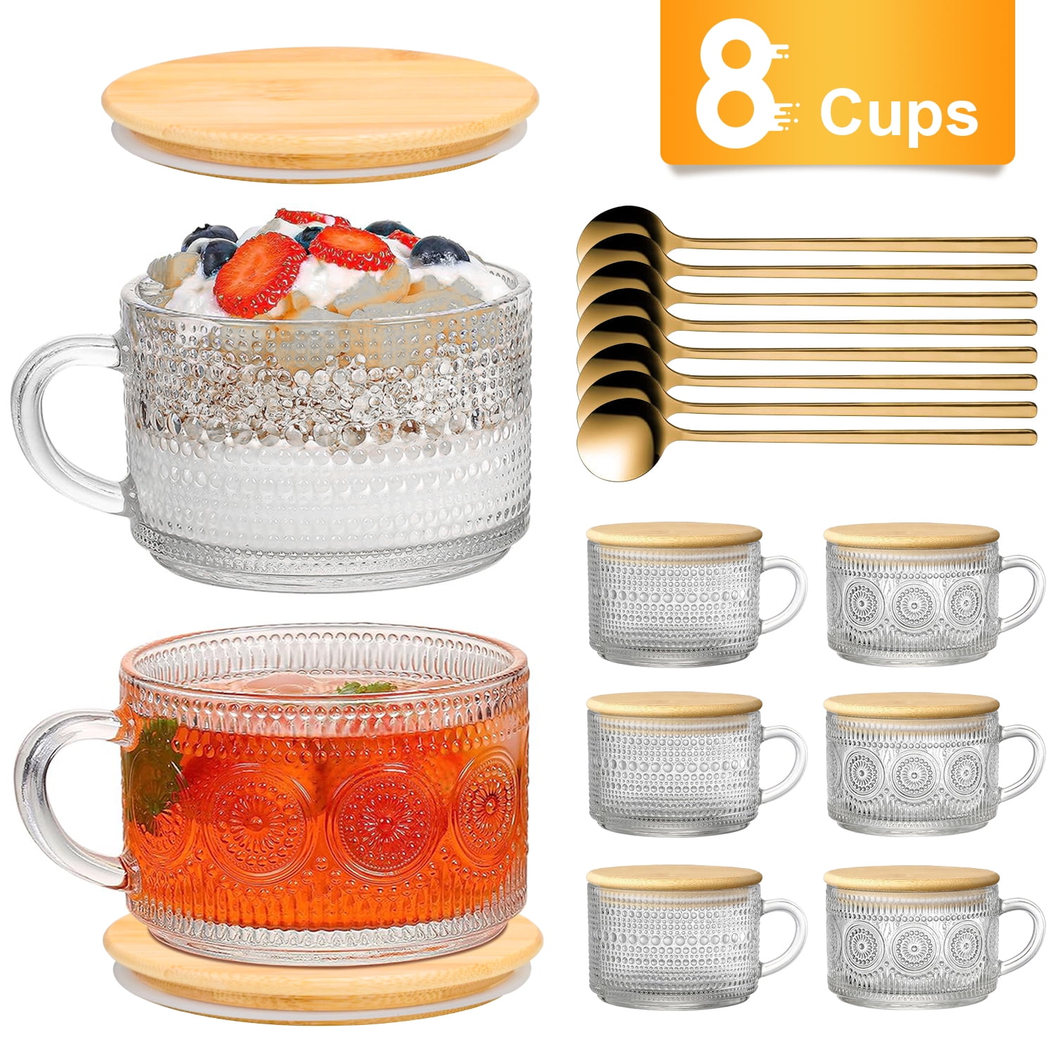 (2 pack) TINANA Vintage Coffee Mugs: 4 pack Clear Embossed Glass Cups ...