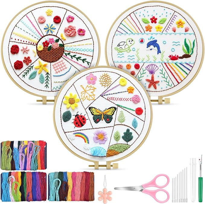 TINDTOP 3 Sets Beginners Embroidery Stitch Practice kit, Embroidery Kit ...