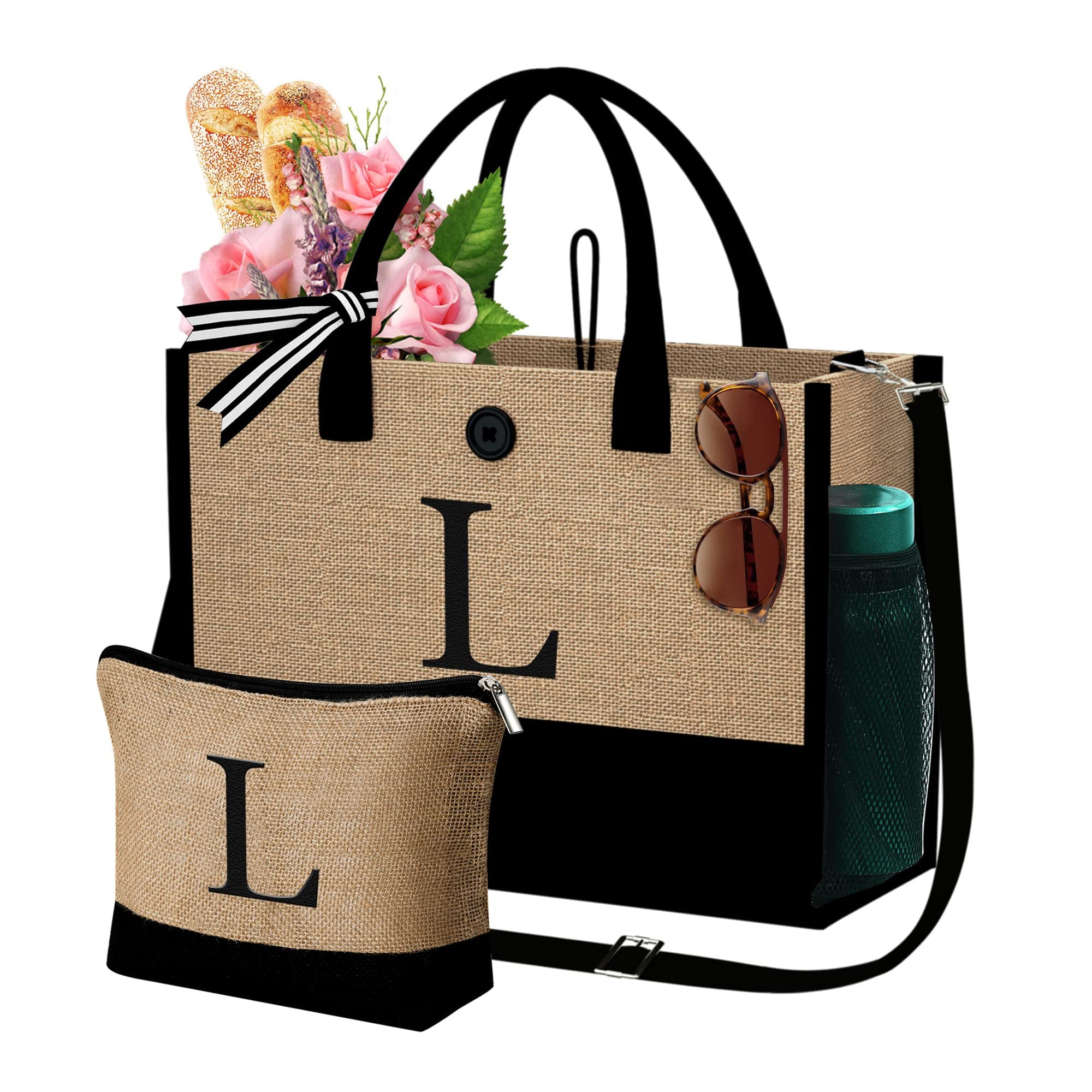 TINGN Initial Jute Tote Bag with Makeup Bag Beach Bag with Pockets ...