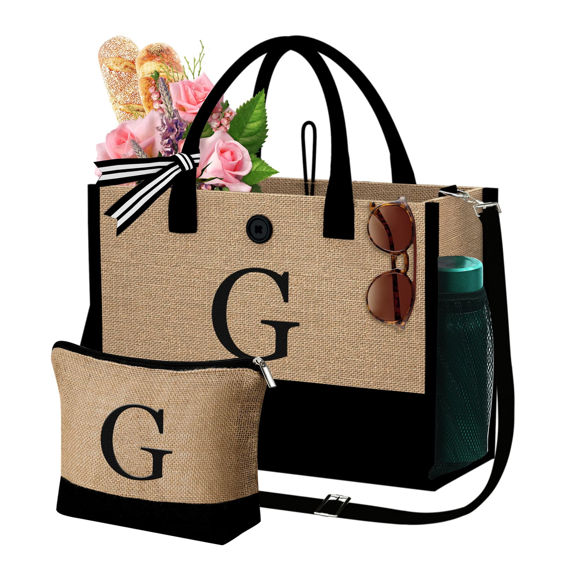 TINGN Initial Jute Tote Bag with Makeup Bag Beach Bag with Pockets ...