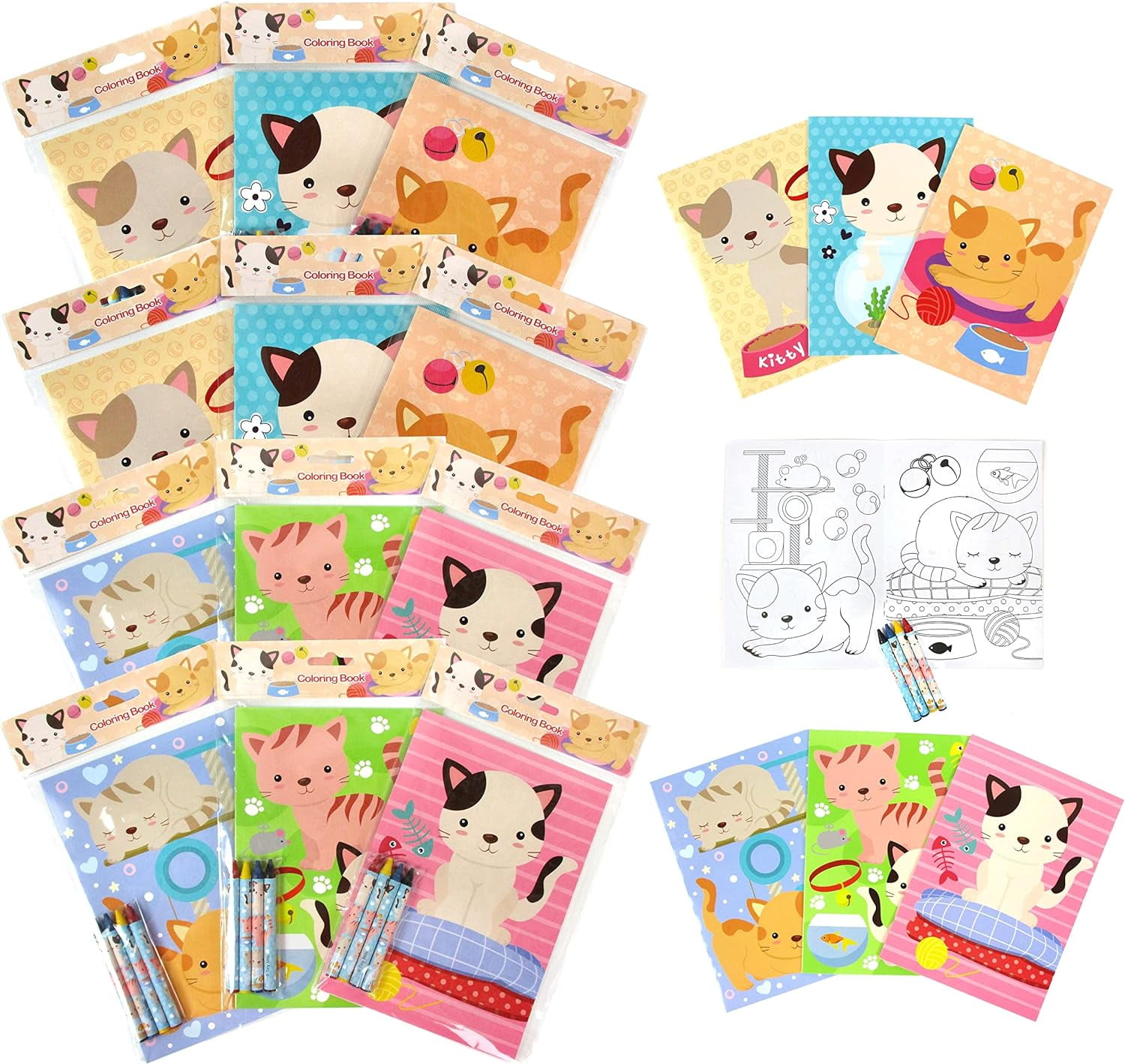 TINYMILLS Cats & Kittens Coloring Set: 12 Books, 48 Crayons, Party ...