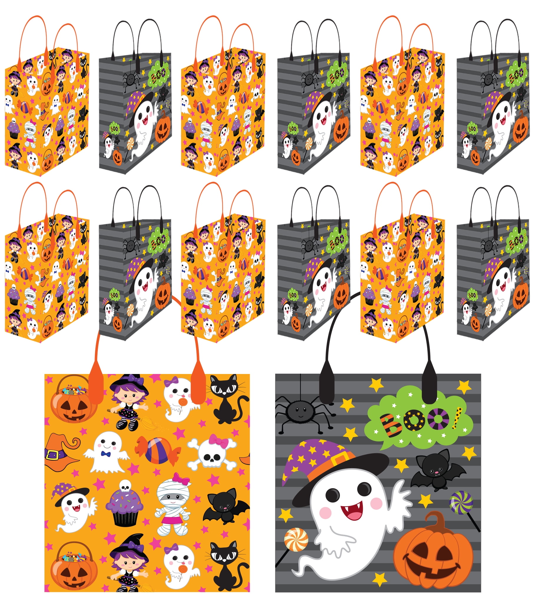 TINYMILLS Halloween Plastic Goodie Bags with Sturdy Handles, Pack of 12 ...