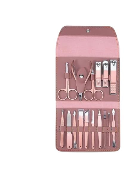 TIOG Manicure Set With Rose Gold Professional Grooming Kit Pink Leather Travel Nail Case and 100 ...