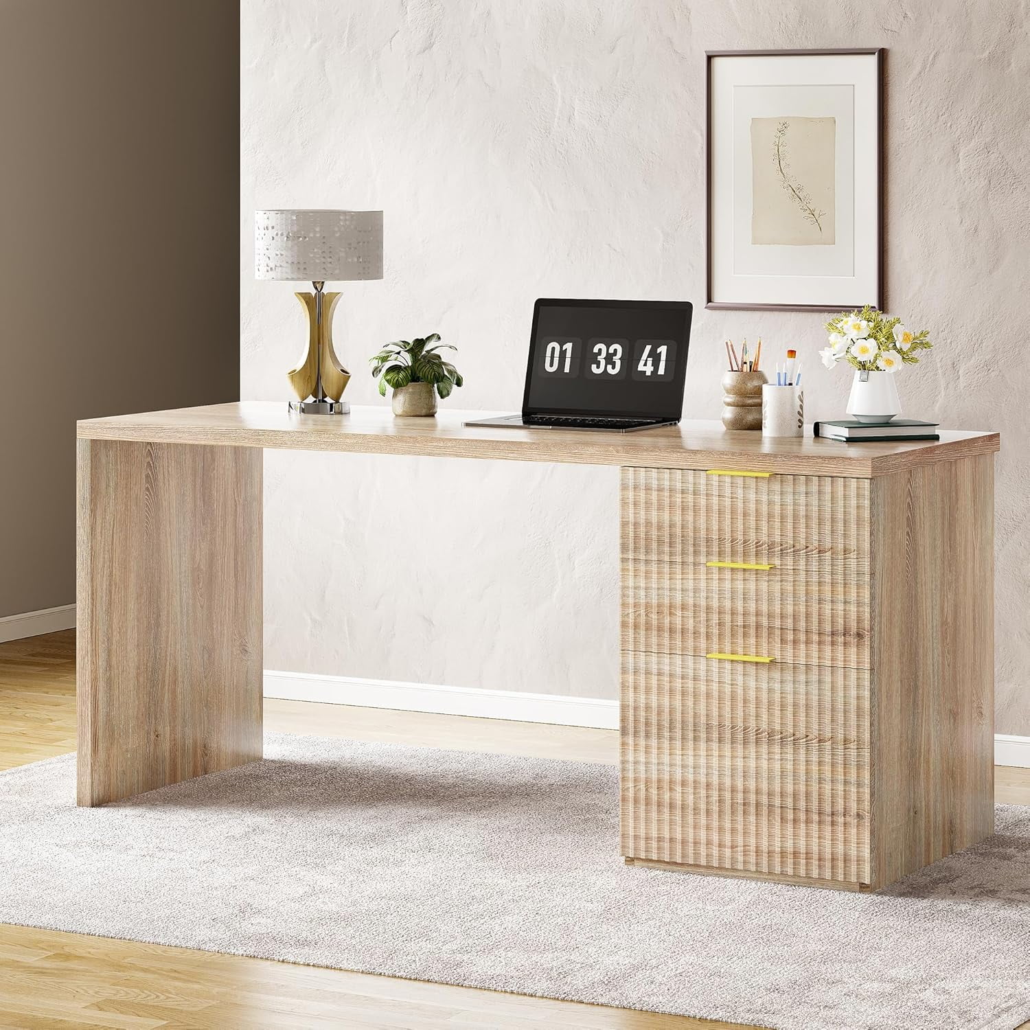 TIQLAB 55" One-Whole Piece Modern Executive Desk with Two Drawers, Home ...