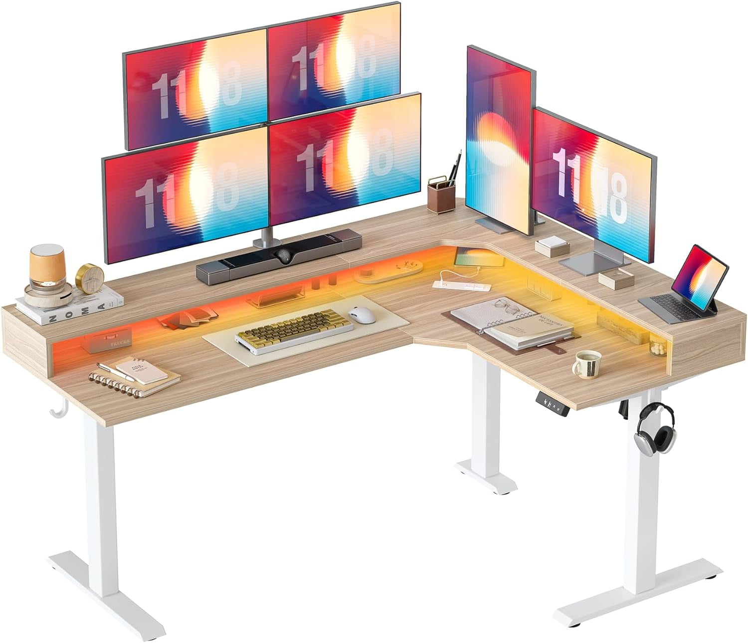 TIQLAB 63'' L-Shaped Standing Desk with LED Light Strip and Power ...