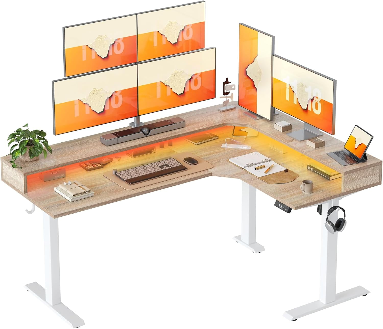 TIQLAB 63'' L-Shaped Standing Desk with LED Light Strip and Power ...