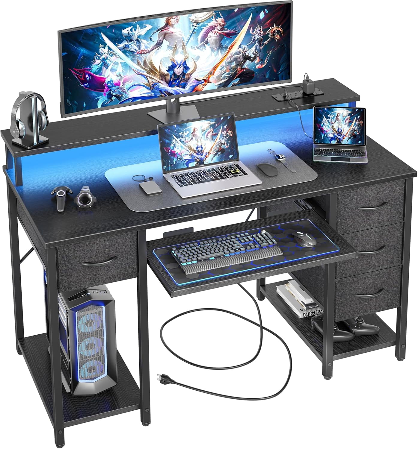 TIQLAB Computer Desk with Drawers and Power Outlets, 47 Inch Gaming ...