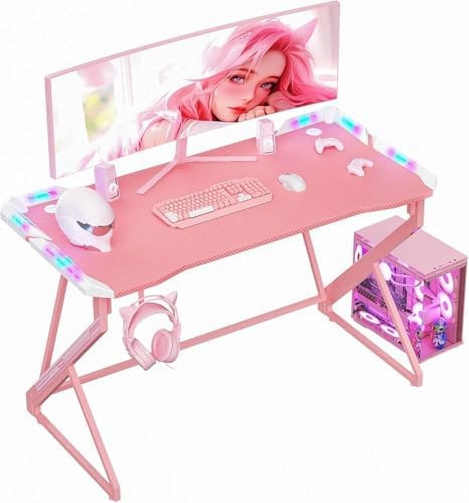 TIQLAB Gaming Desk with LED Lights, 47 Inch Computer Desk Z Shaped ...