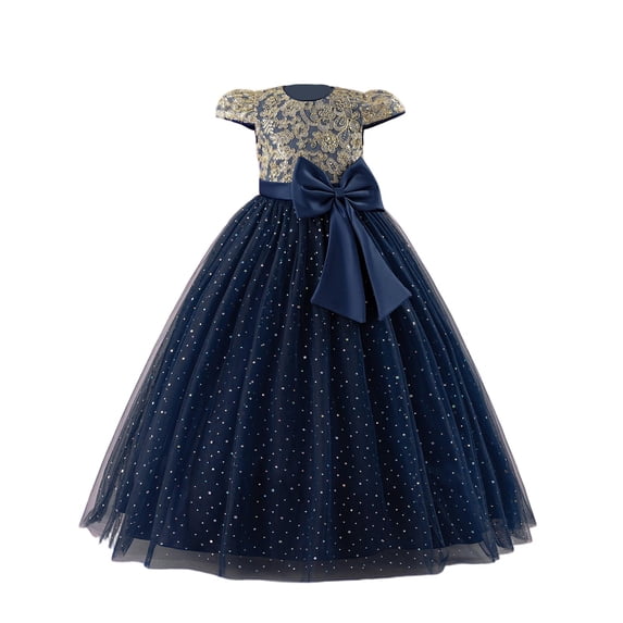 TIREOW Flower Girls Dresses Short Sleeved Solid Color Puffy Long Gown ...