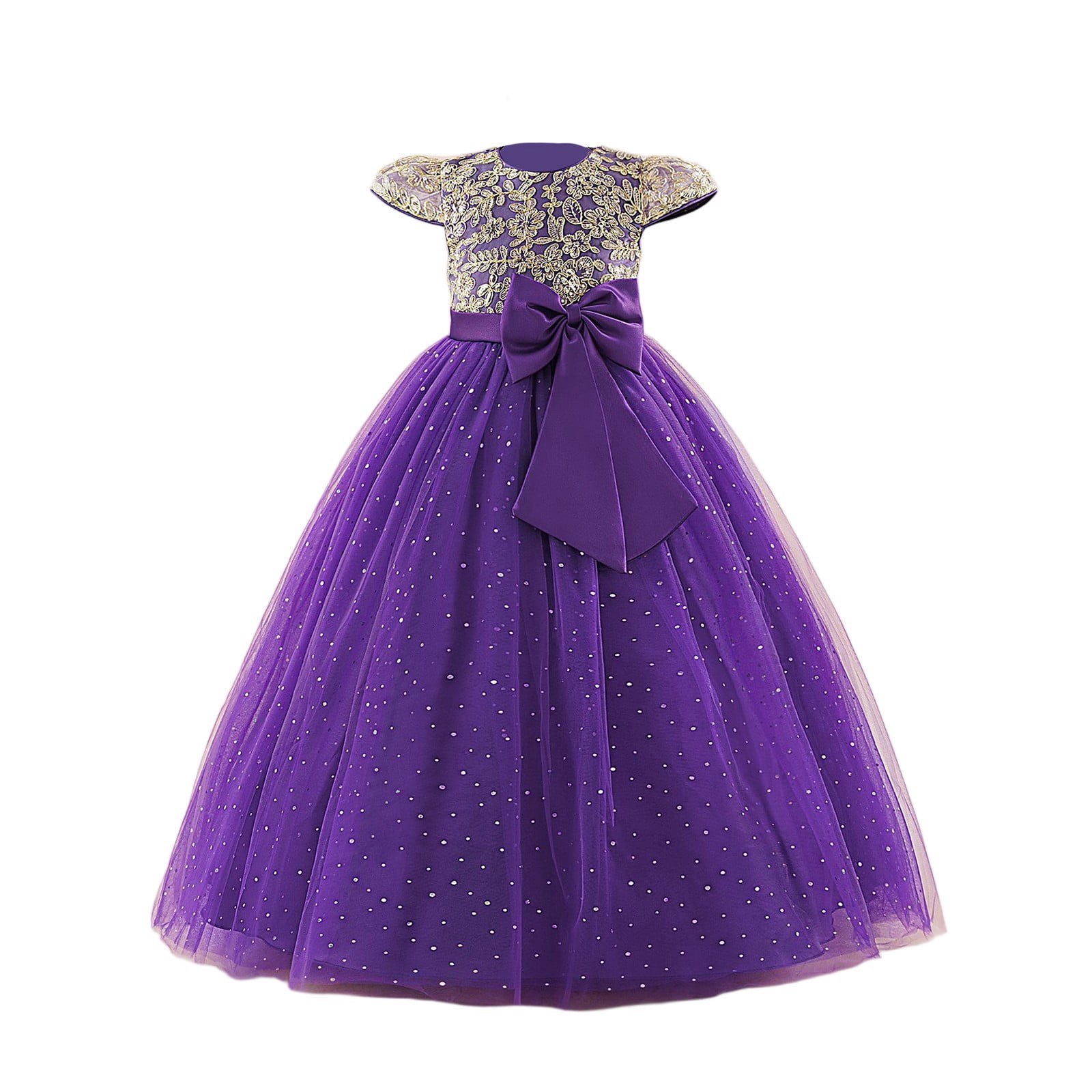 TIREOW Flower Girls Dresses Short Sleeved Solid Color Puffy Long Gown ...