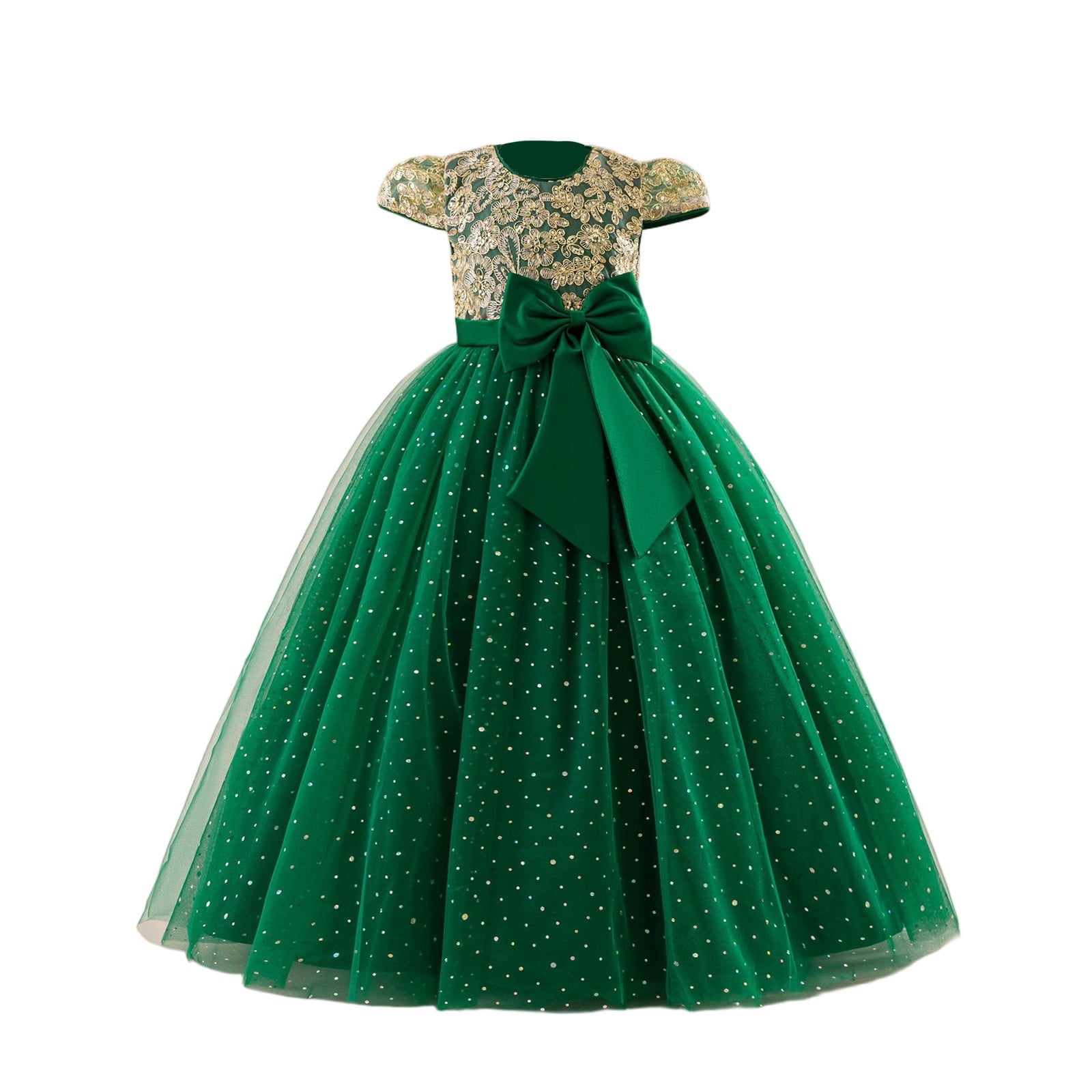 TIREOW Flower Girls Dresses Short Sleeved Solid Color Puffy Long Gown ...