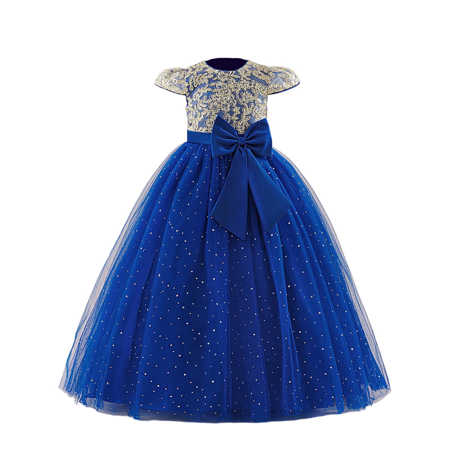 TIREOW Flower Girls Dresses Short Sleeved Solid Color Puffy Long Gown ...