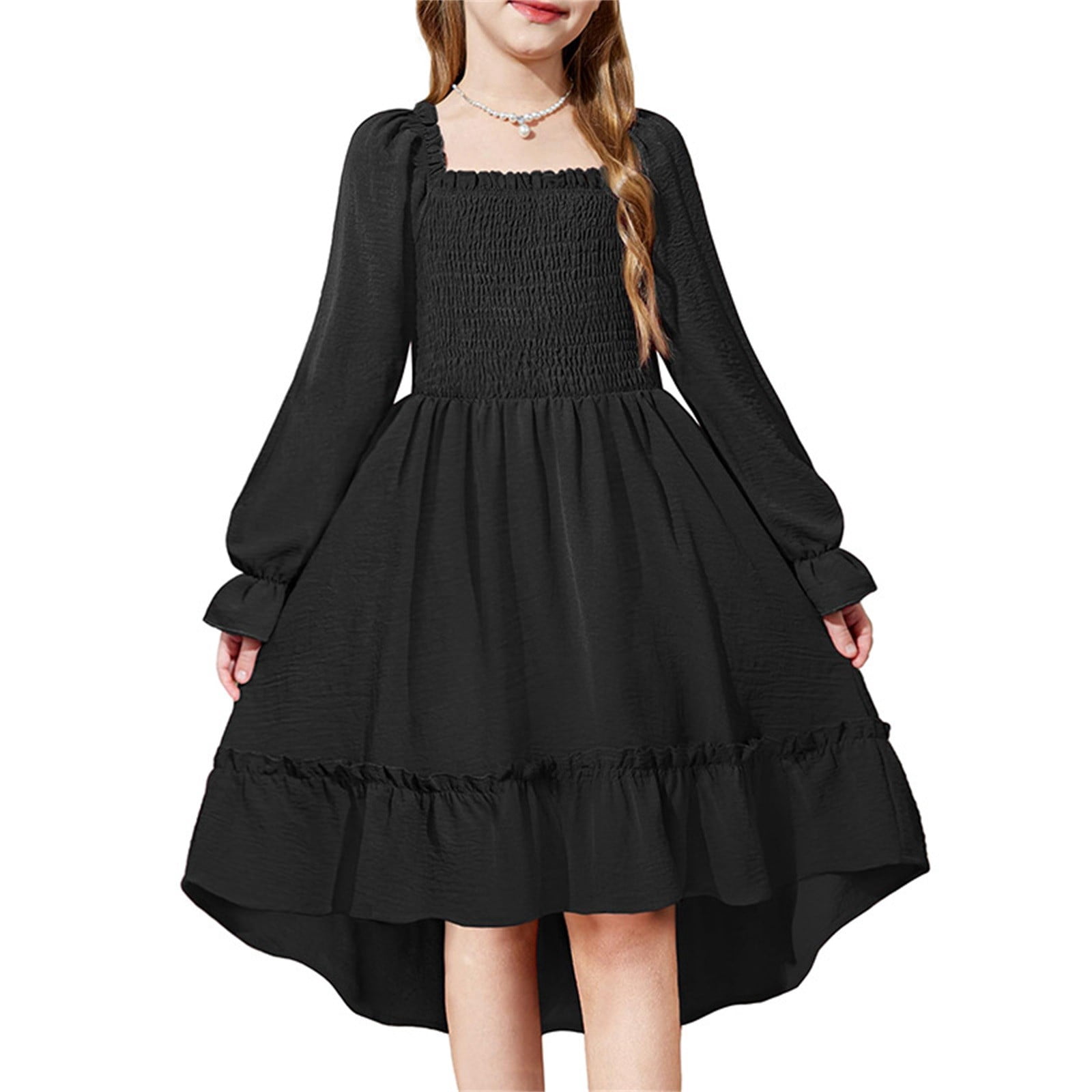 TIREOW Girls Elegant Dresses Summer Solid Color Puff Long Sleeve ...