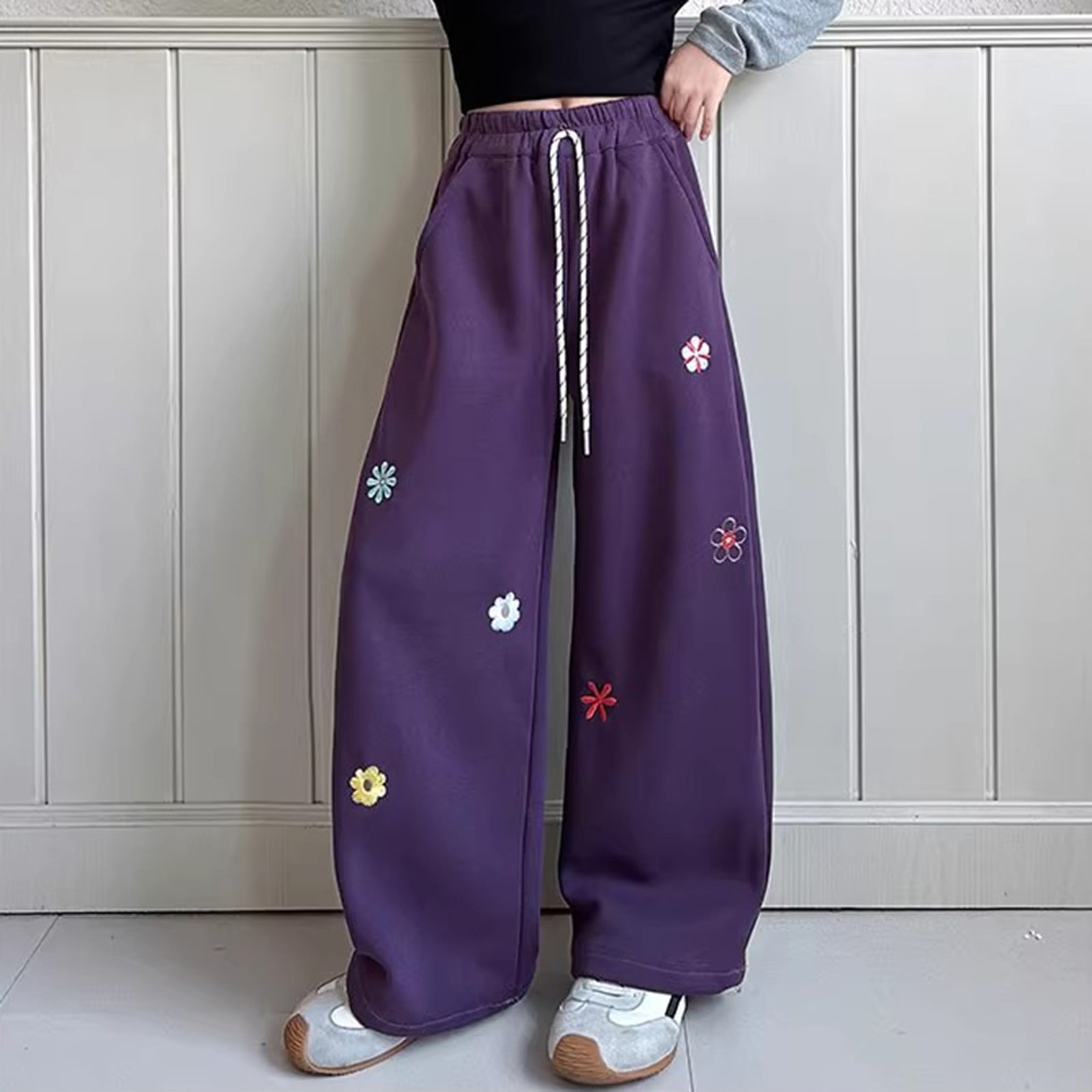 TIREOW Girls Floral Print Sweatpants, Fall Casual Cute Soft Fleece Wide ...