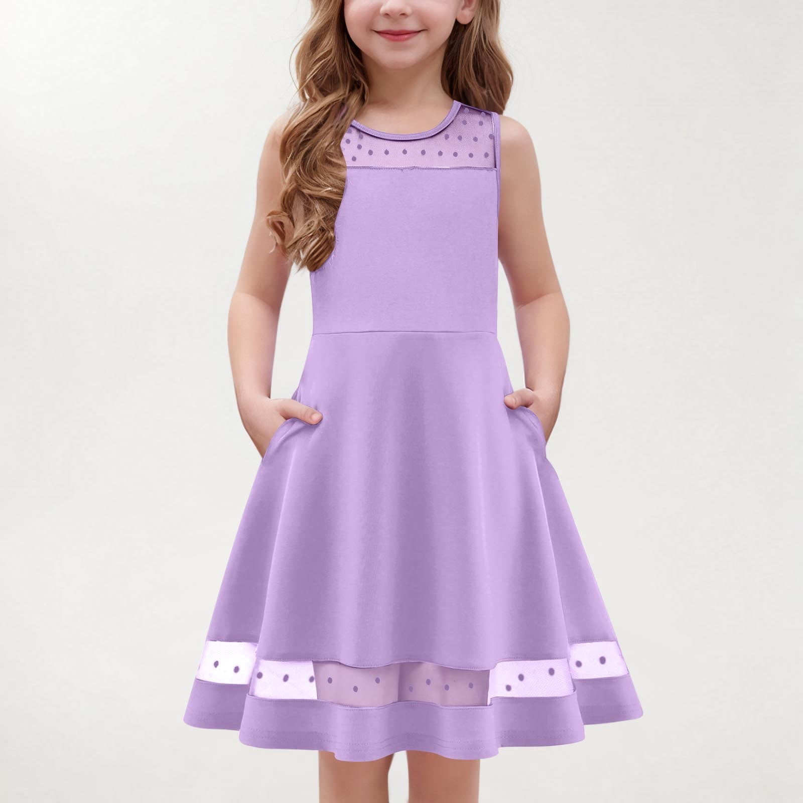 TIREOW Kids Girls Mesh Dress Formal Contrast Mesh Sleeveless Dresses ...