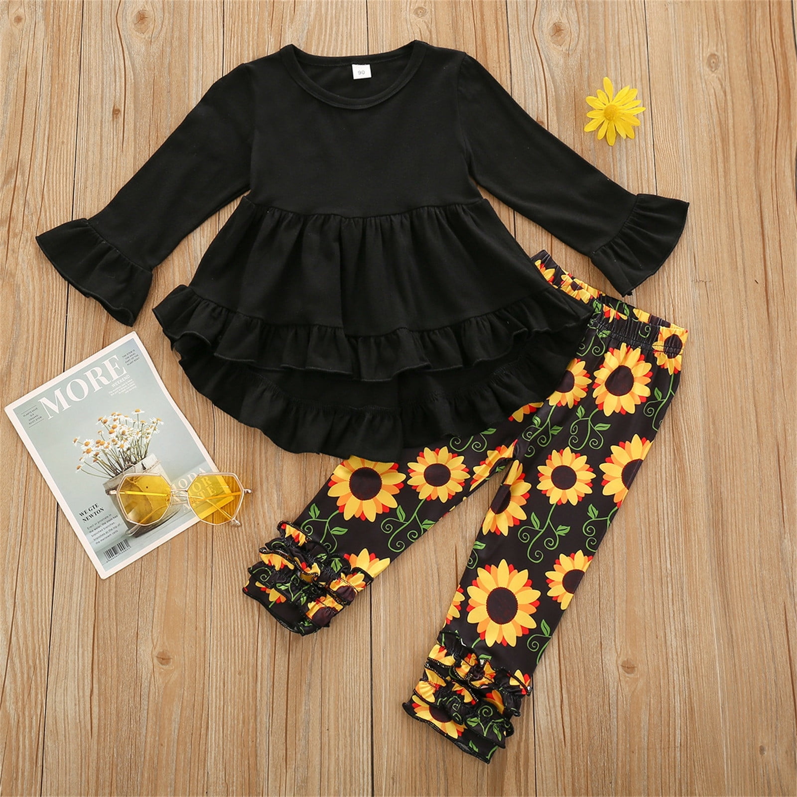 TIREOW Toddler Girls Ruffle Sleeve Sunflower Outfit Ruffled Bottom Tops ...