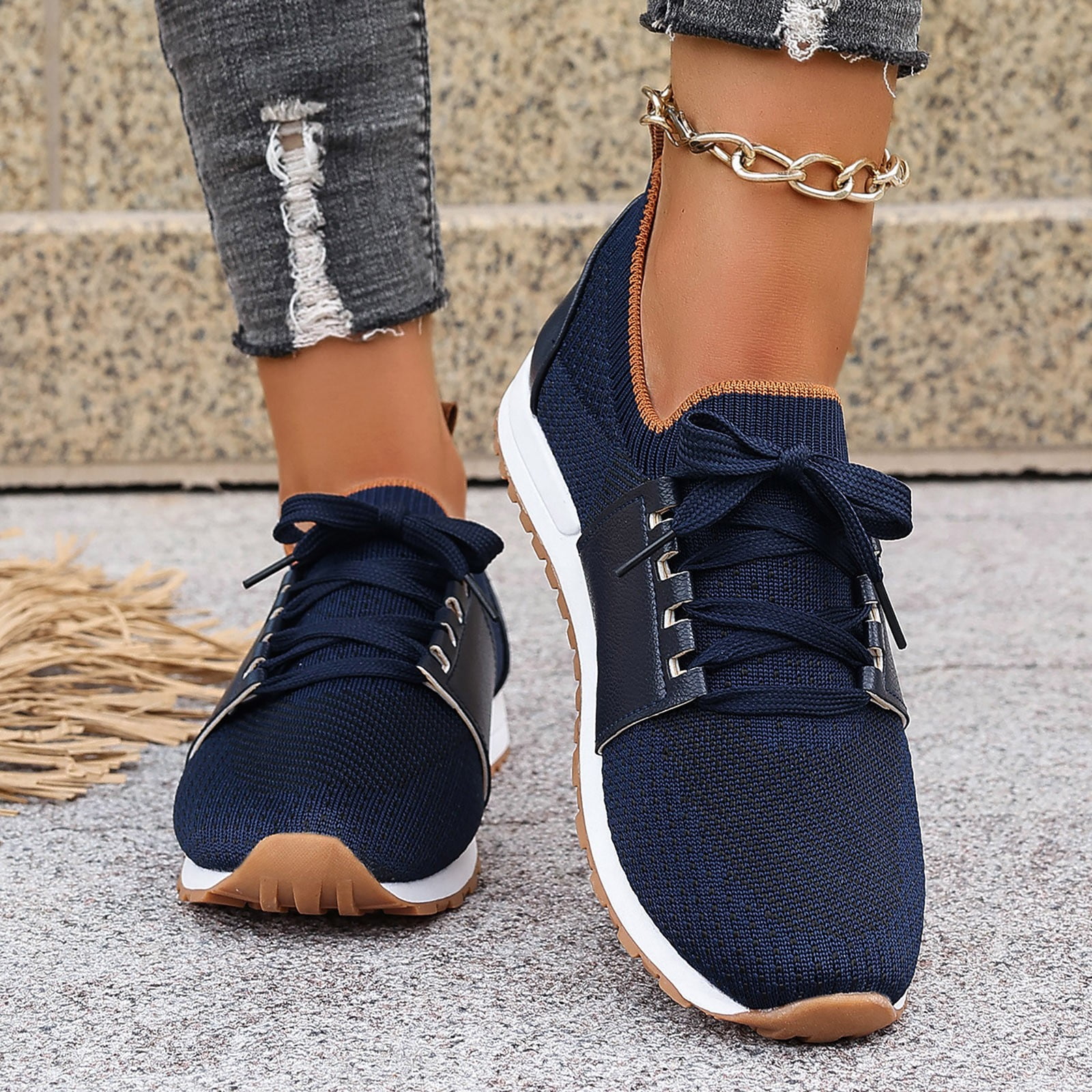 TIREOW Women's Lace Up Flying Woven Round Toe Sneakers Orthopedic Slip ...