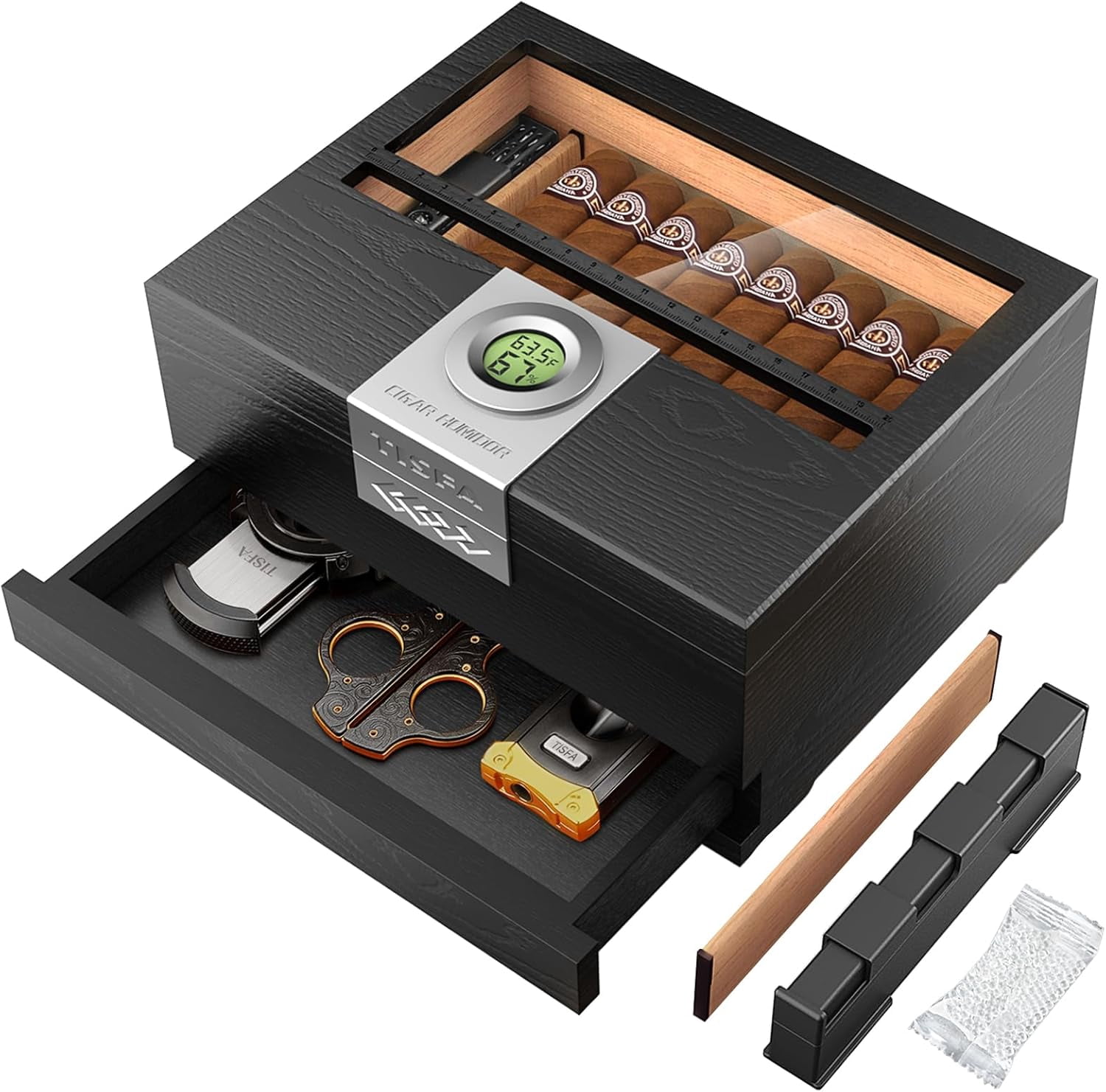 TISFA Cigar Humidor, Cedar Wood Desktop Humidor Box with Digital ...