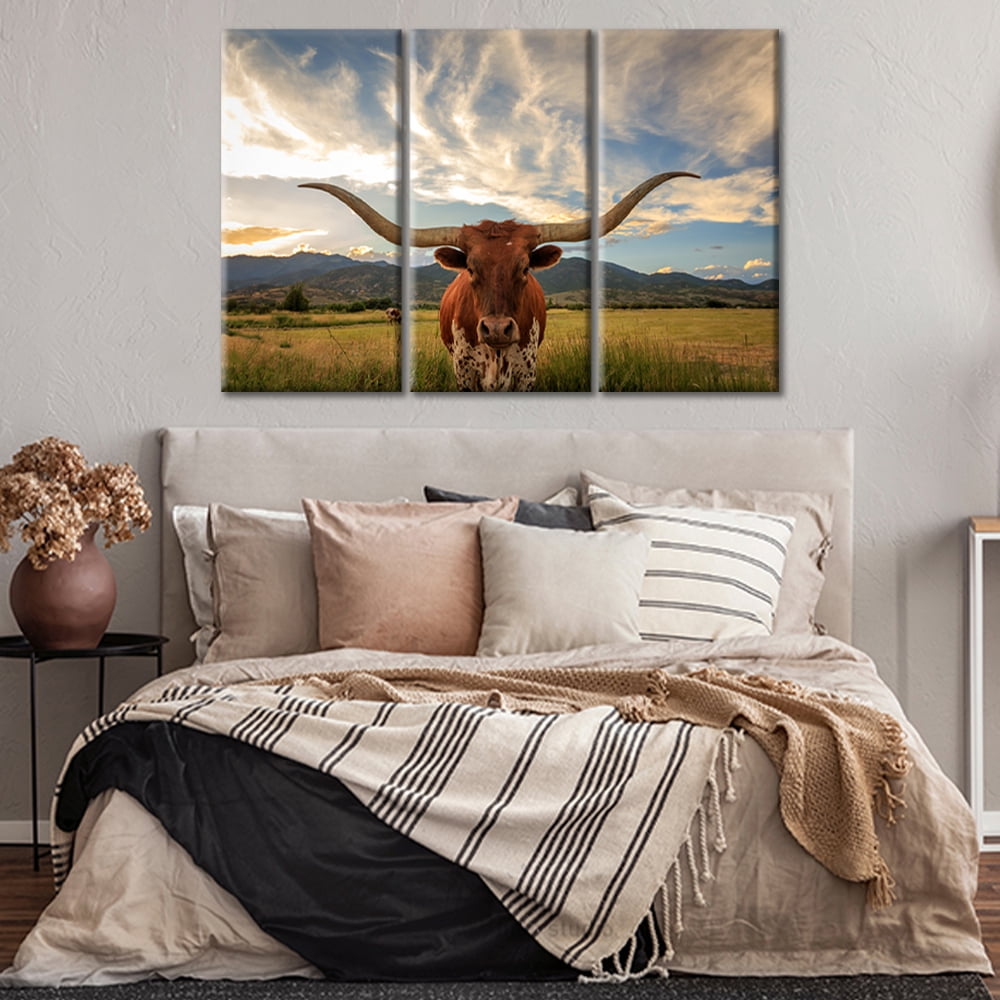 TISHIRON 3PCS Framed Canvas Wall Art Set,42"x28" Longhorn Steer in ...