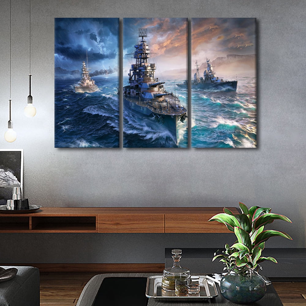 TISHIRON 3PCS Framed Canvas Wall Art Set,60"x40" Navy Blue and White ...