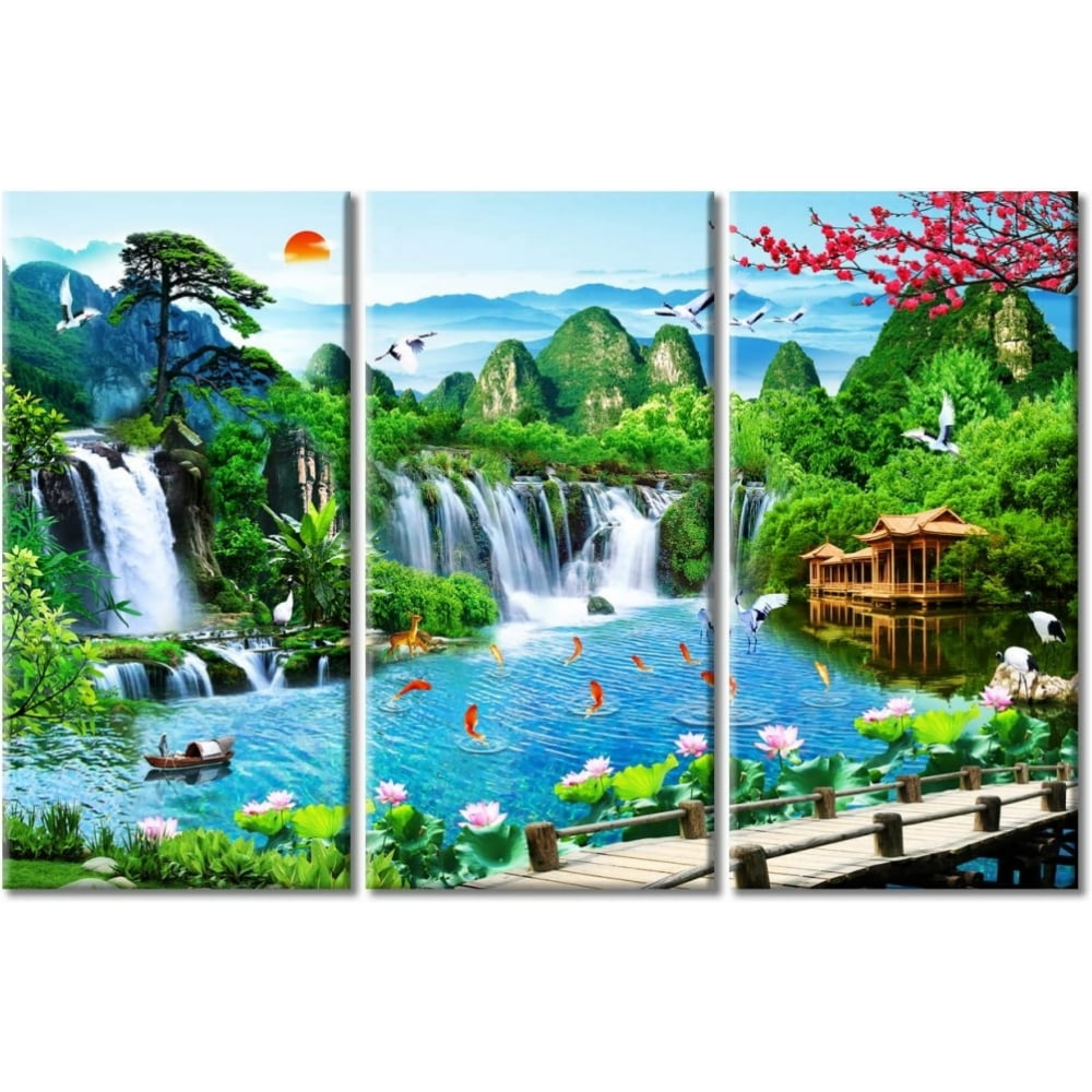 TISHIRON 3PCS Framed Waterfall Landscape Theme Canvas Wall Art Set,60 ...