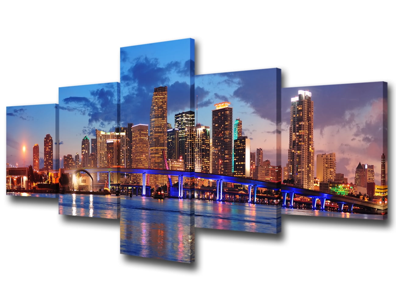 TISHIRON 5PCS Framed Canvas Wall Art Set,50"x24" Miami Beach Night View ...