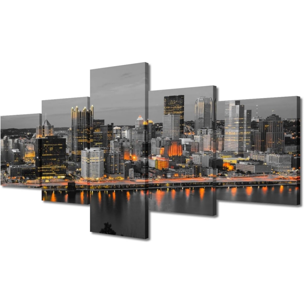 TISHIRON 5PCS Framed City Skyline Landscape Theme Canvas Wall Art Set ...