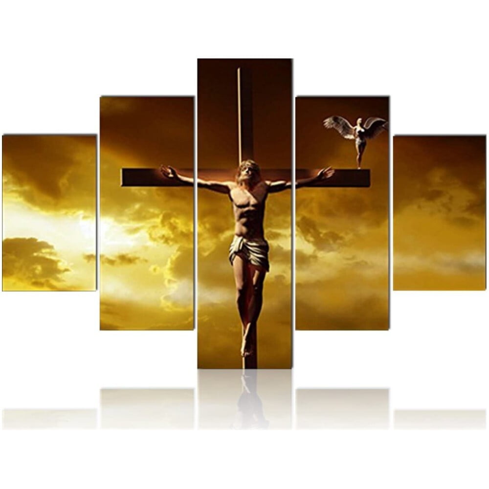 TISHIRON 5PCS Framed Jesus Canvas Wall Art Set,60"x40" Jesus Crucifixion Christianity Canvas ...