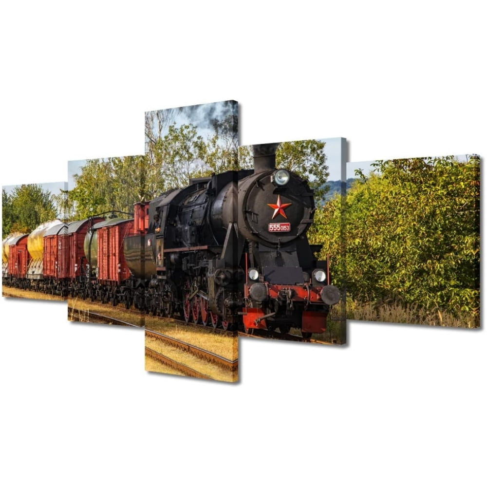 TISHIRON 5PCS Framed Steam TrainTheme Canvas Wall Art Set,50"x24" Steam ...