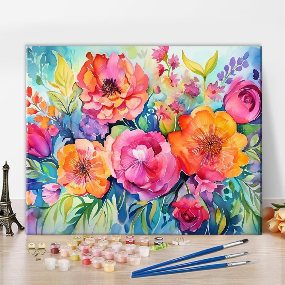 TISHIRON Paint by Numbers for Adults,16x20 inch Canvas Wall Art Colorful Floral Oil Painting by ...