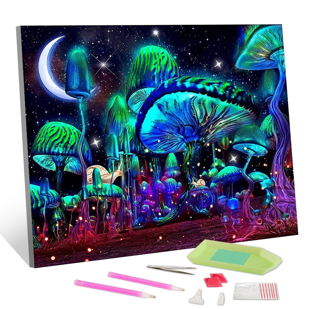TISHIRON Trippy Mushroom Diamond Art Painting Kits,12x16 inch 5D DIY Snails Moon and Stars ...
