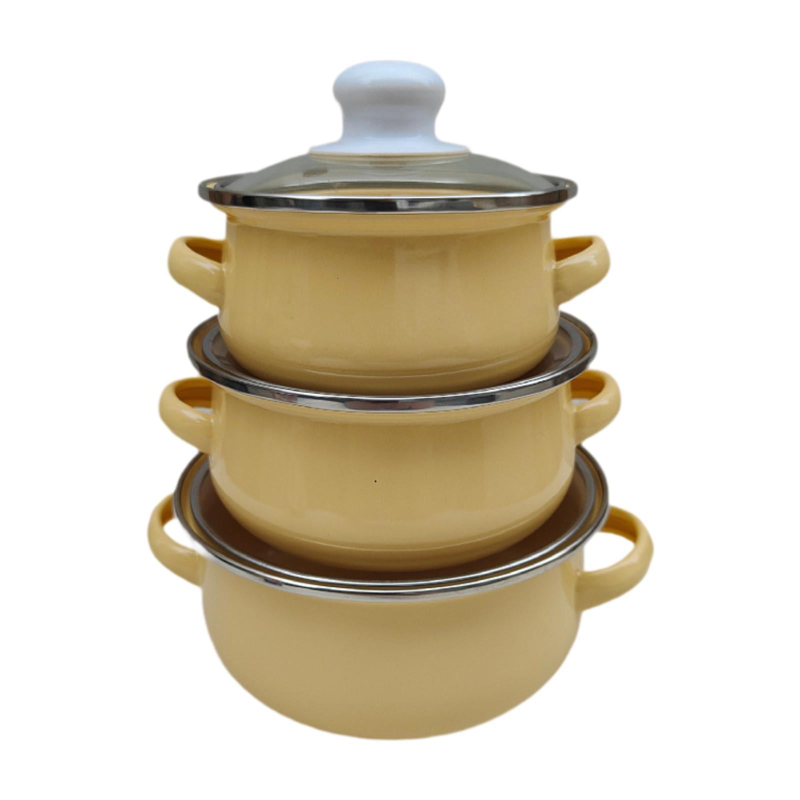 TISHITA 3x Enamel Cooking Pots Kitchen Enamel Stockpot with Lid Cooking ...