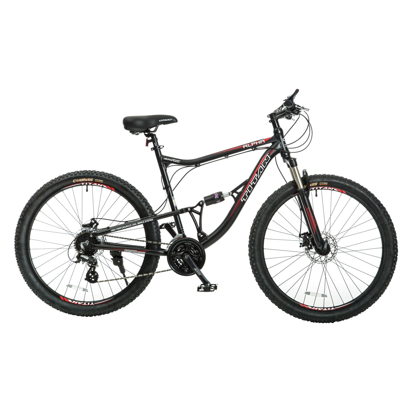TITAN Alpha Dual Suspension Men's Mountain Bike, Matte Black with Red ...
