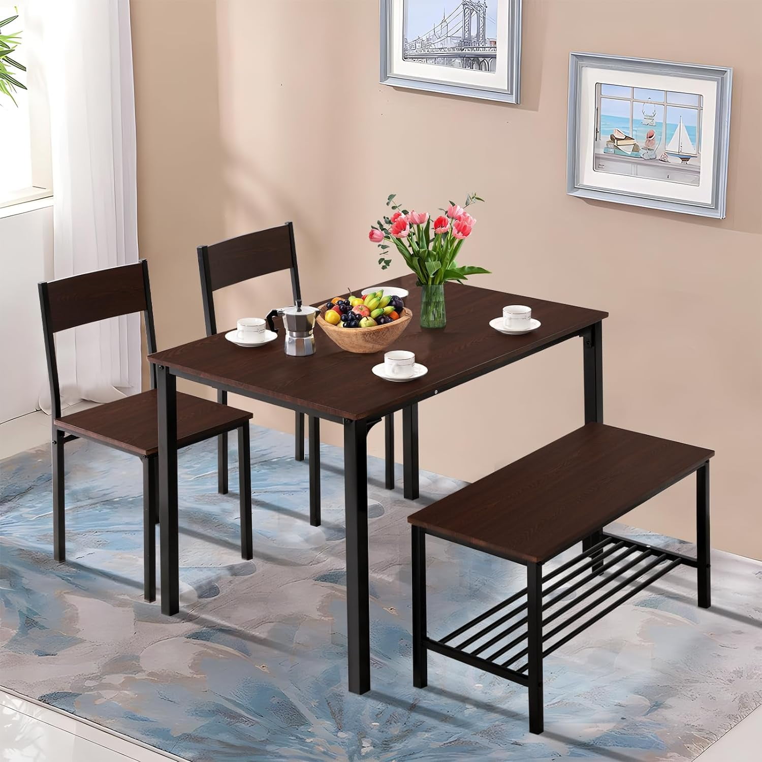 TITIMO 4 Piece Dining Table Set with Storage Bench, Kitchen Table Set ...