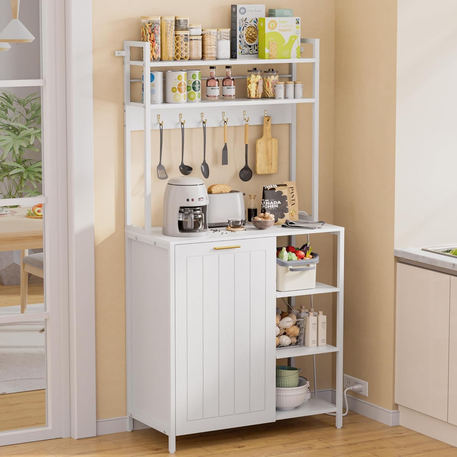 TITIMO Bakers Rack with Trash Can Storage Bin Cabinet and Power Outlet ...