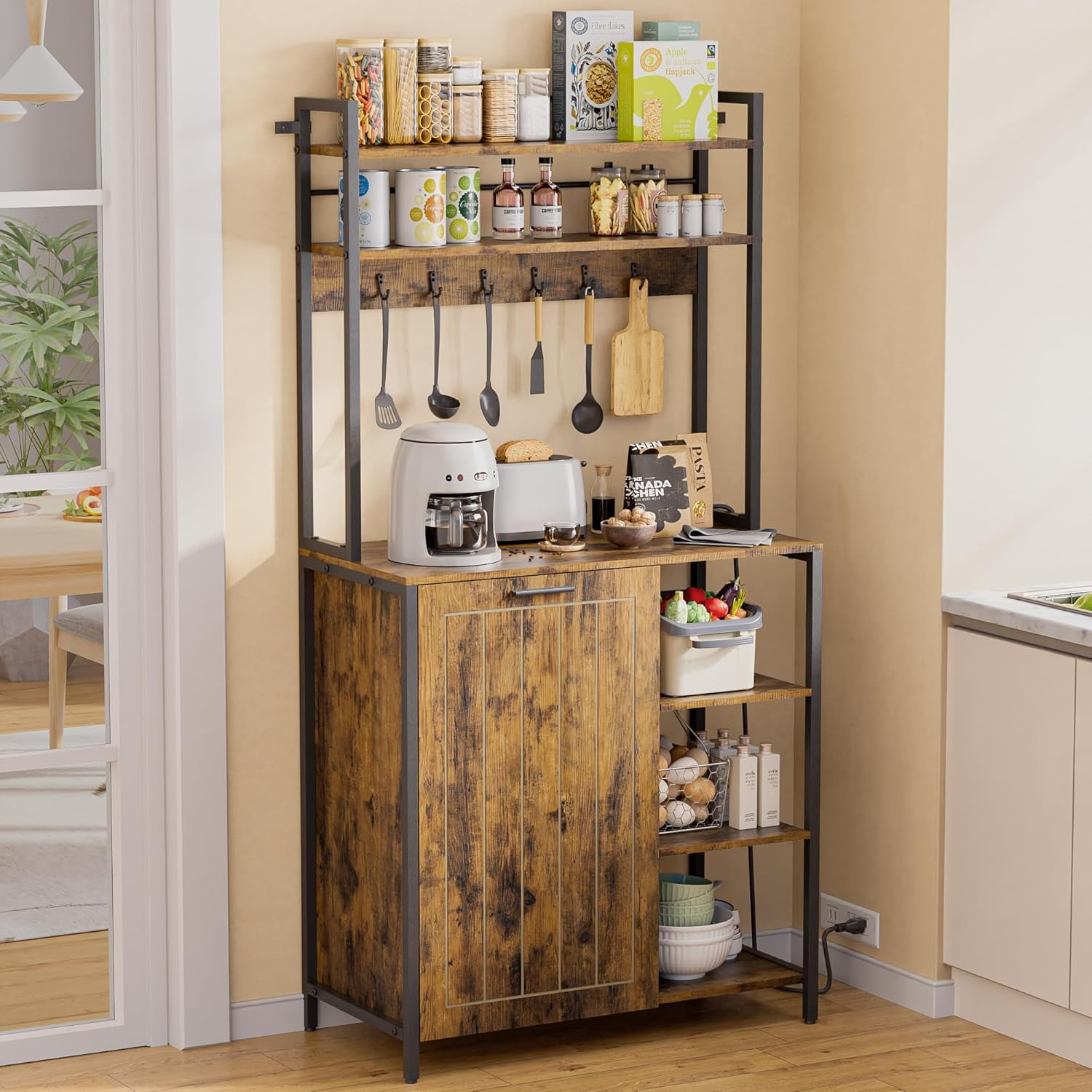 TITIMO Bakers Rack with Trash Can Storage Bin Cabinet and Power Outlet ...