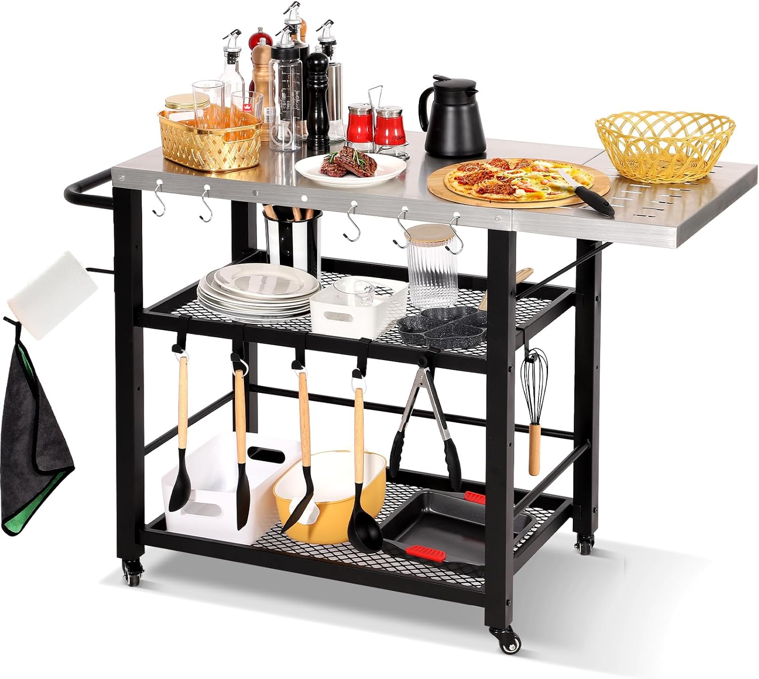 TITIMO Movable Dining Cart Table with 3 Shelf Food Prep Pizza Oven ...