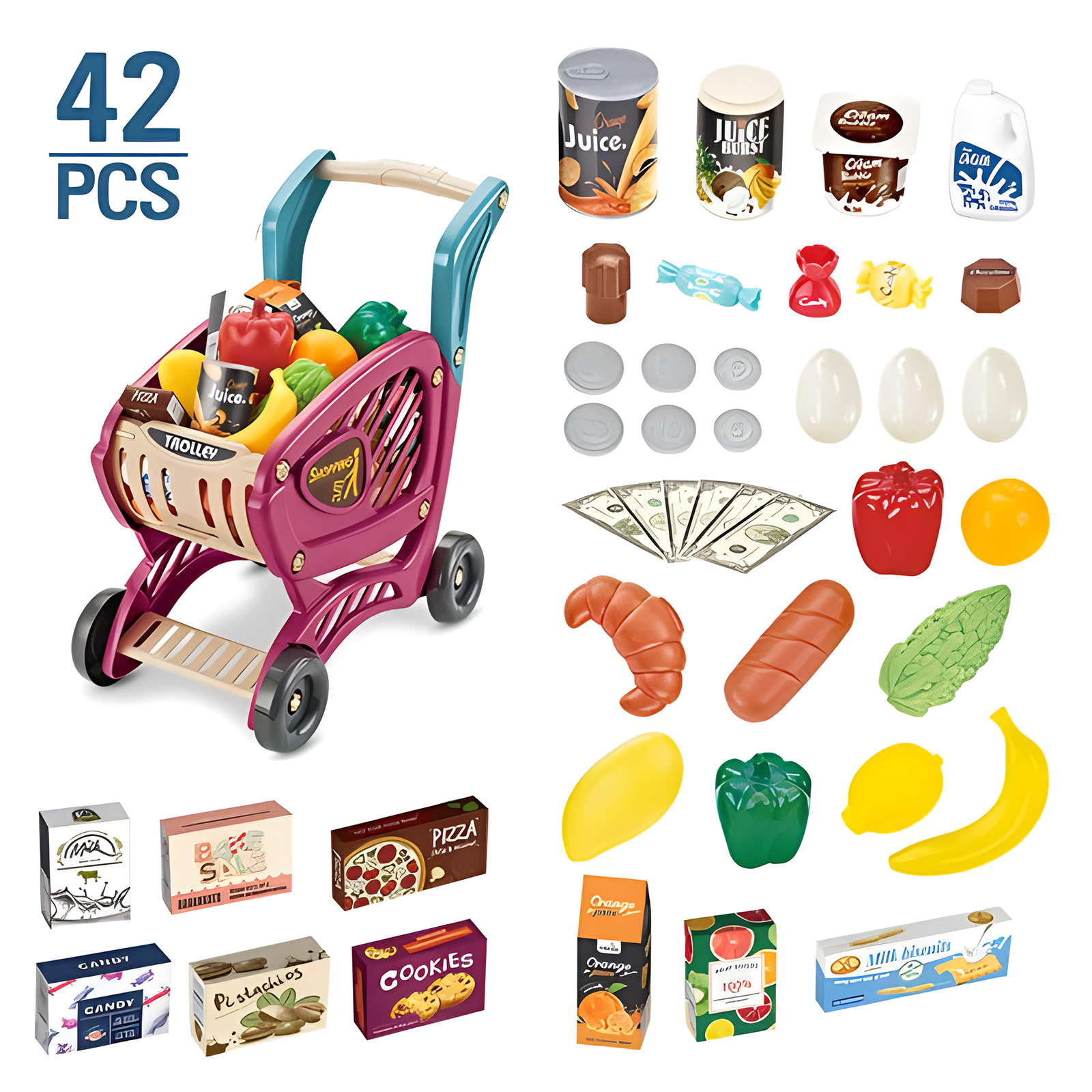 TITOUMI Kids Shopping Cart Trolley Play Set with 42pcs Pretend Food and ...