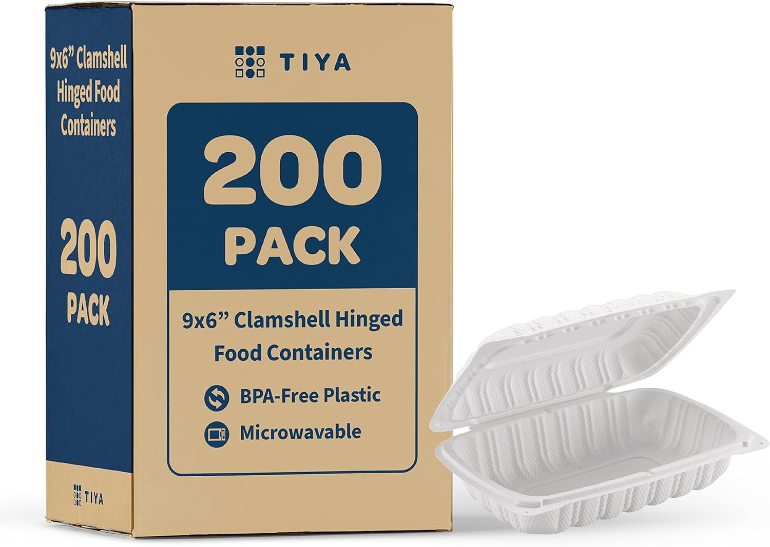 TIYA Clamshell Food Containers - White Bulk 200 Pack, 9x6in. - BPA Free ...