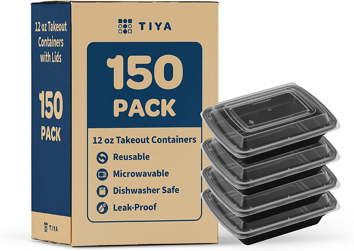 TIYA Takeout Food Containers - 12 oz Bulk 150 Pack with Lids ...