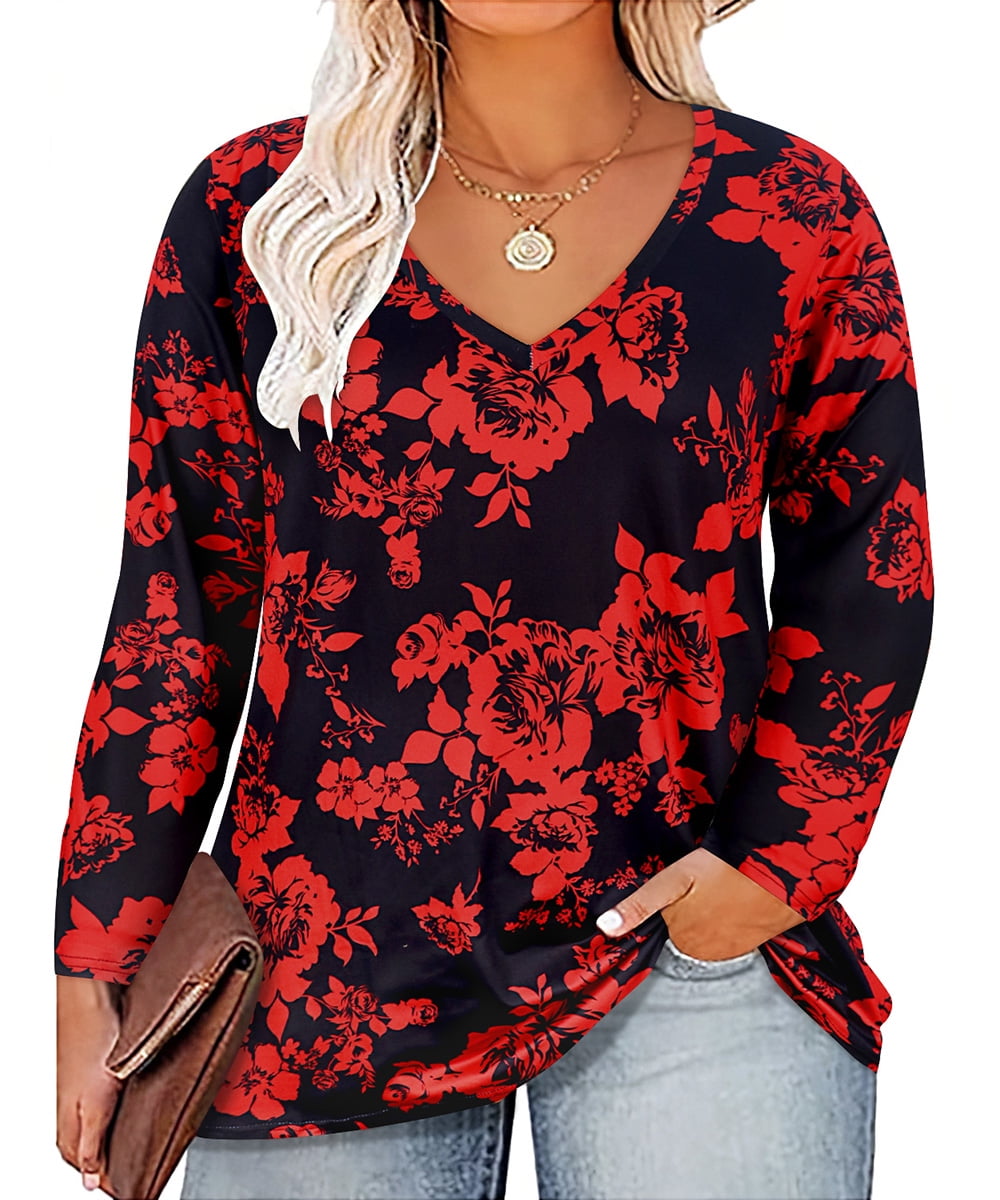TIYOMI Ladies Plus Size 4X Flower Tunic Long Sleeve Red Floral V Neck ...